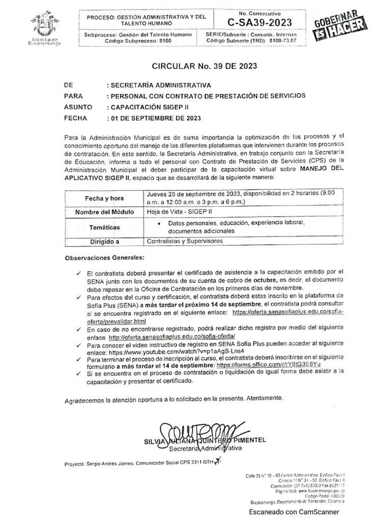 Circular 39 - Capacitación Sigep Ii | PDF