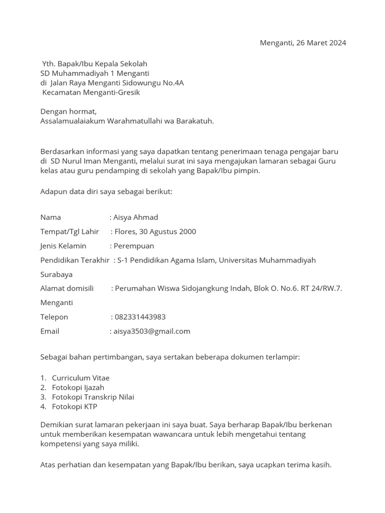 Format Surat Lamaran Gen Z Untuk Posisi Educater | PDF