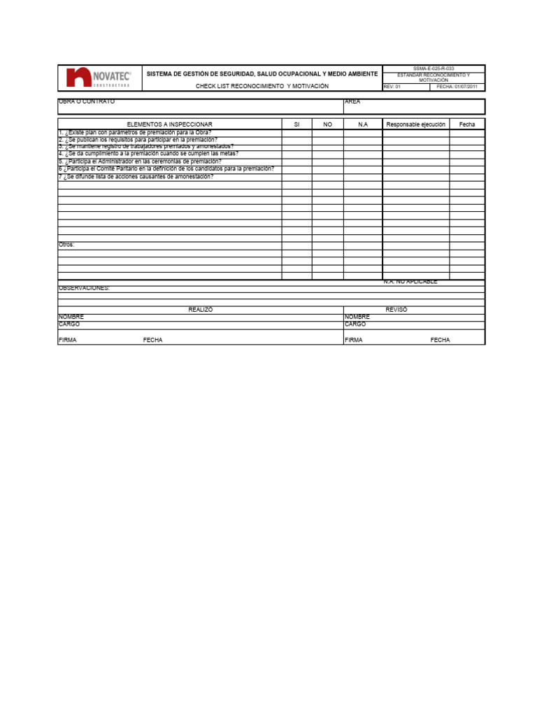 SSMA-E-025-R-033 Check List Reconocimiento y Motivacion Rev.01 | PDF