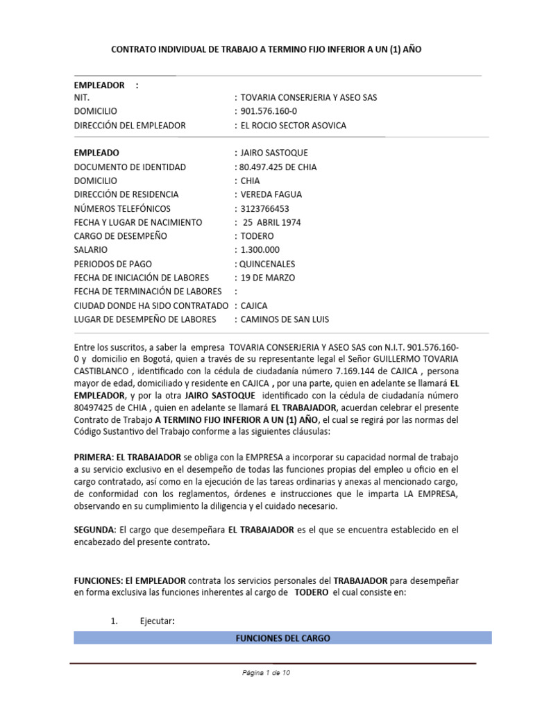 Ejemplo de Contrato a Término Fijo | PDF | Derecho laboral | Salario