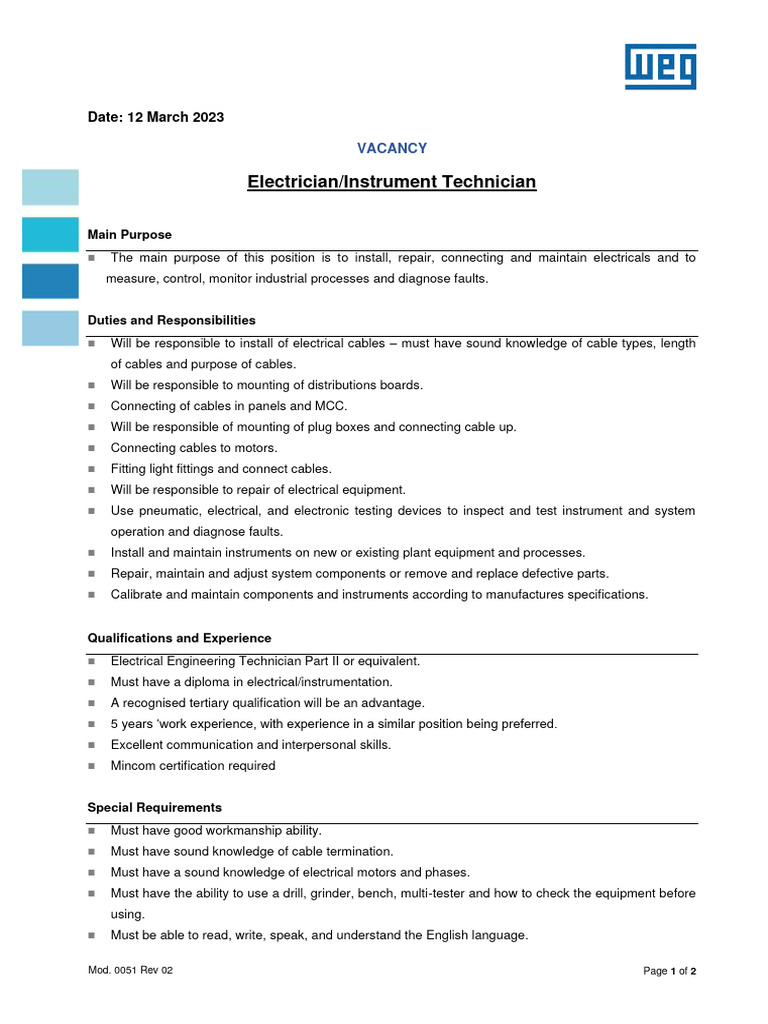 Vacancy - Electrician - Instrument Technician | PDF | Instrumentation ...