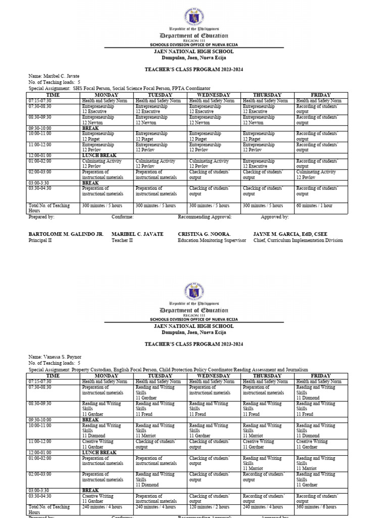 Jaen National High School Class Program 2023-2024 | PDF