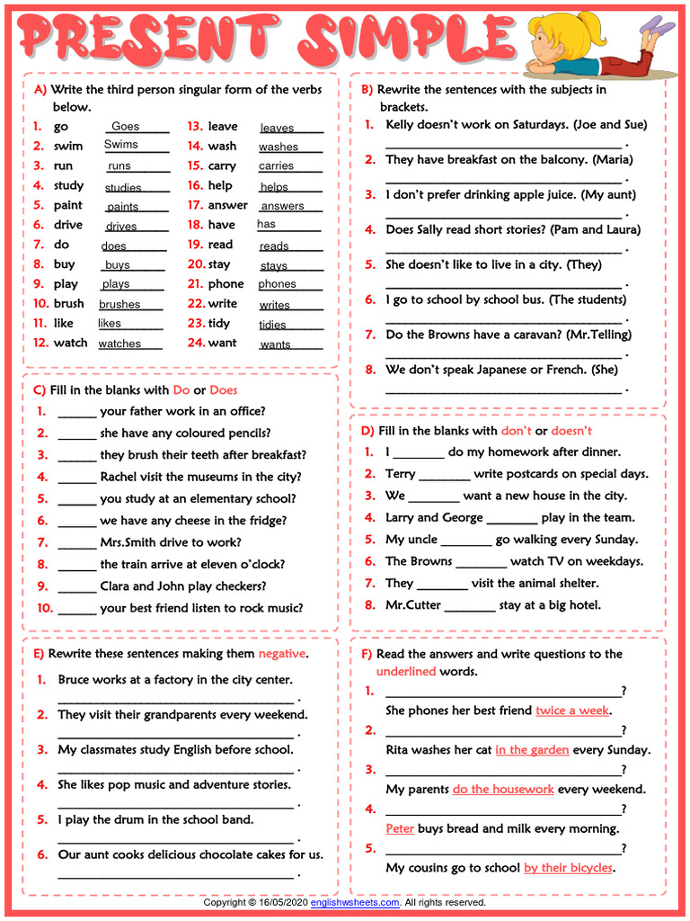 Present Simple Tense Esl Printable Grammar Test Worksheet Celeste Pdf
