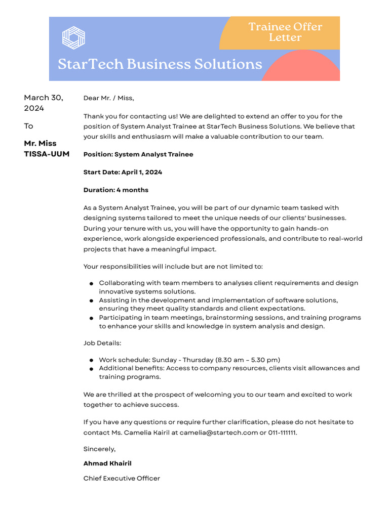 System Analyst Trainee Offer Letter | PDF | Career & Growth | Business