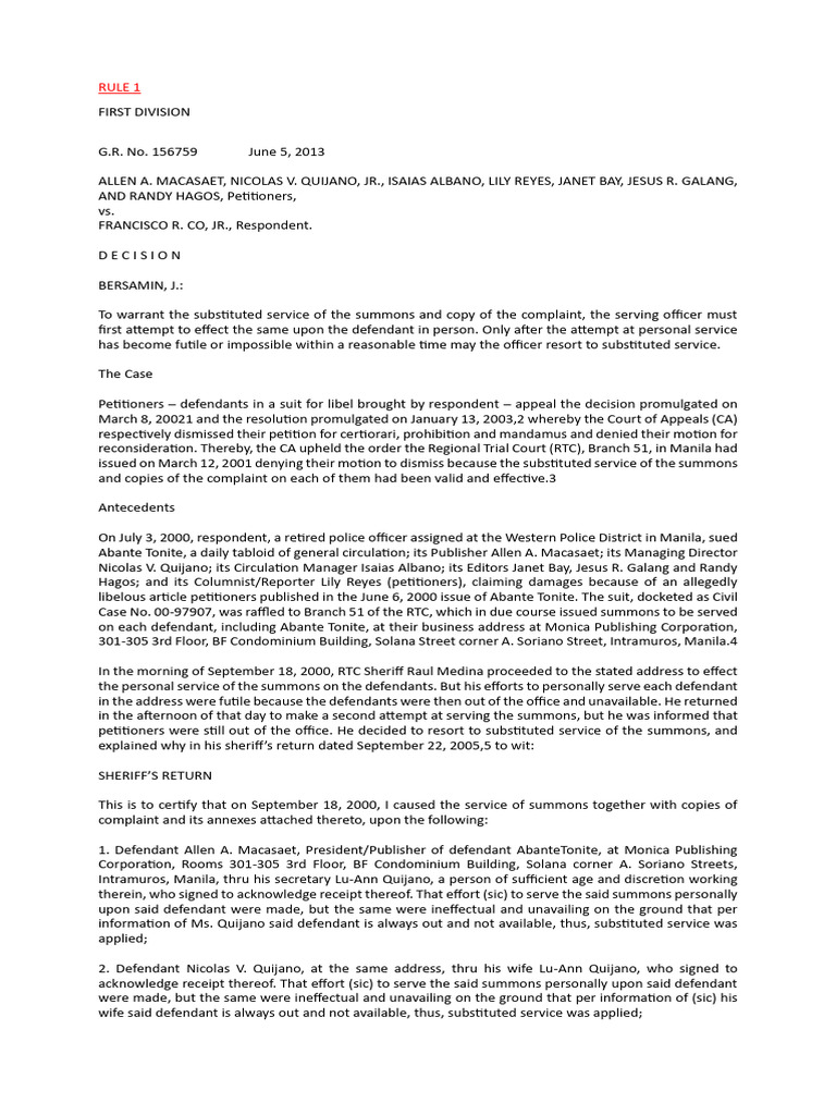 Rules 1 To 4 Cases | Download Free PDF | In Rem Jurisdiction | Complaint