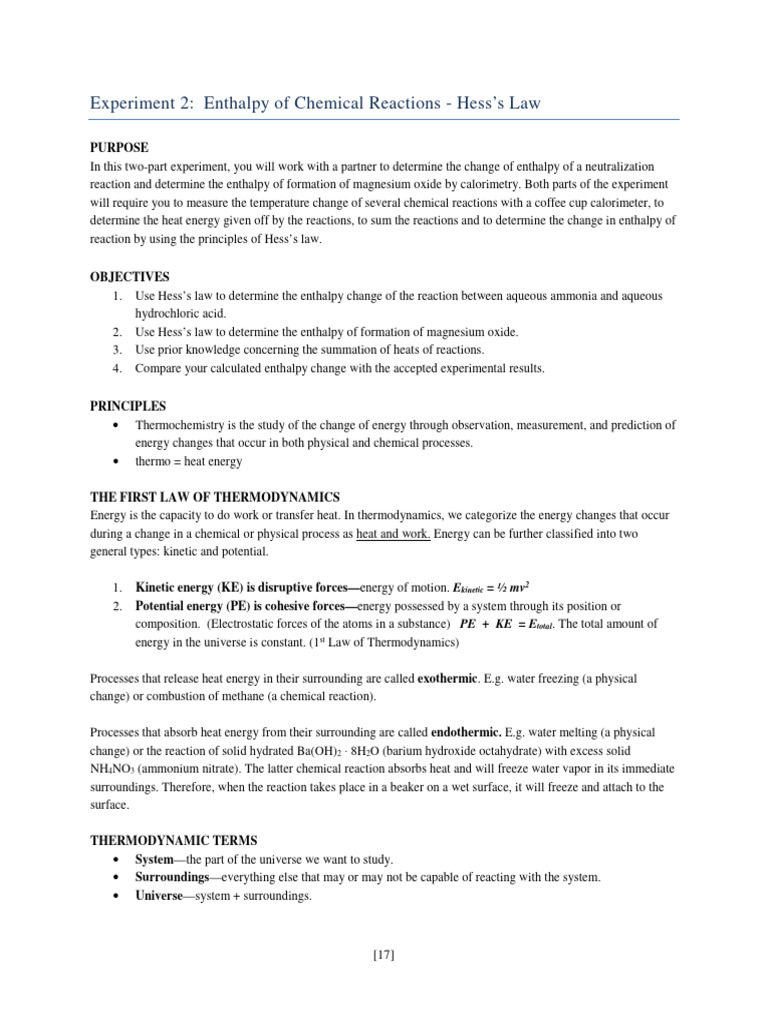 Experiment 2 Enthalpy of Chemical Reactions and Hess's Law | PDF | Heat ...