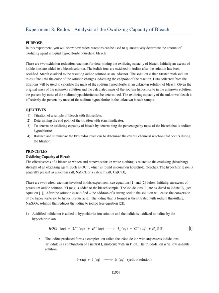 Experiment 8 Redox Analysis of Bleach | PDF | Redox | Titration
