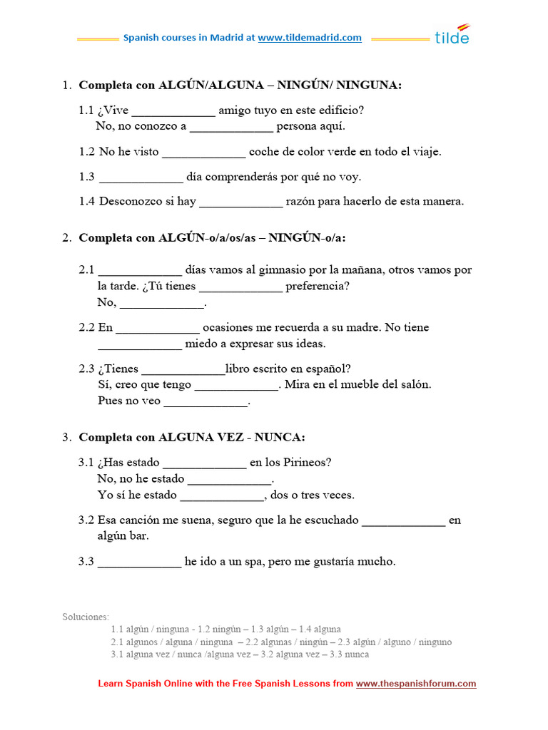 Ejercicios de gramática: Algún vs Ningún | PDF