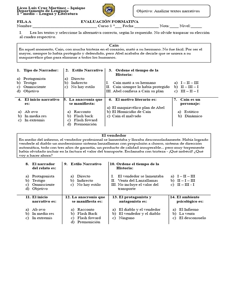 LLCM Narrativa Evaluación Formativa 1 Medio | PDF | Narración