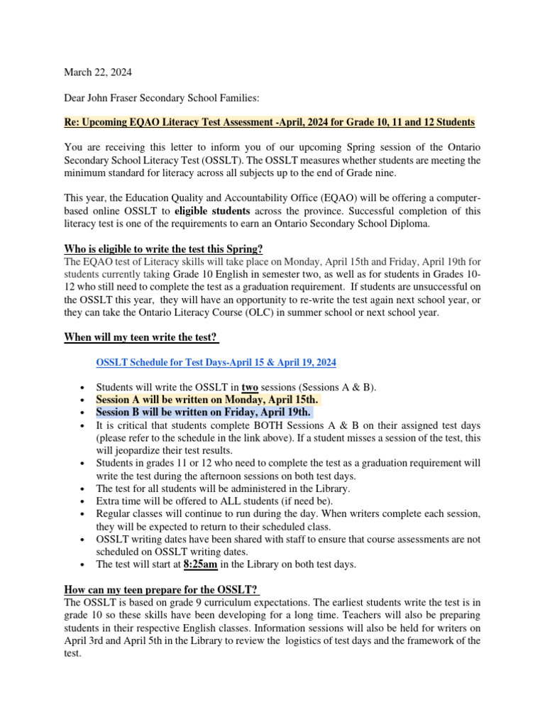 EQAO Literacy Test April 2024 | PDF | Schools | Learning
