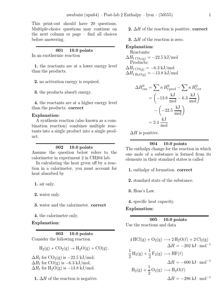Post-Lab 2 Enthalpy-Solutions | PDF | Thermodynamic Properties | Physics
