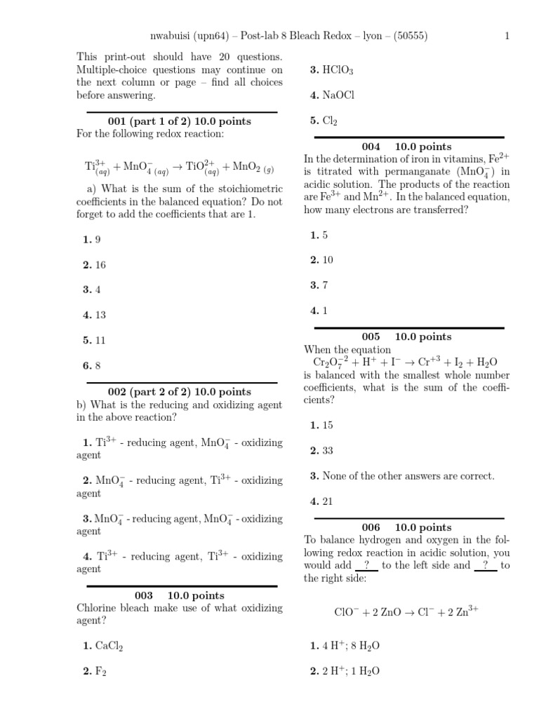 Post-Lab 8 Bleach Redox-Problems | PDF | Redox | Chemical Reactions