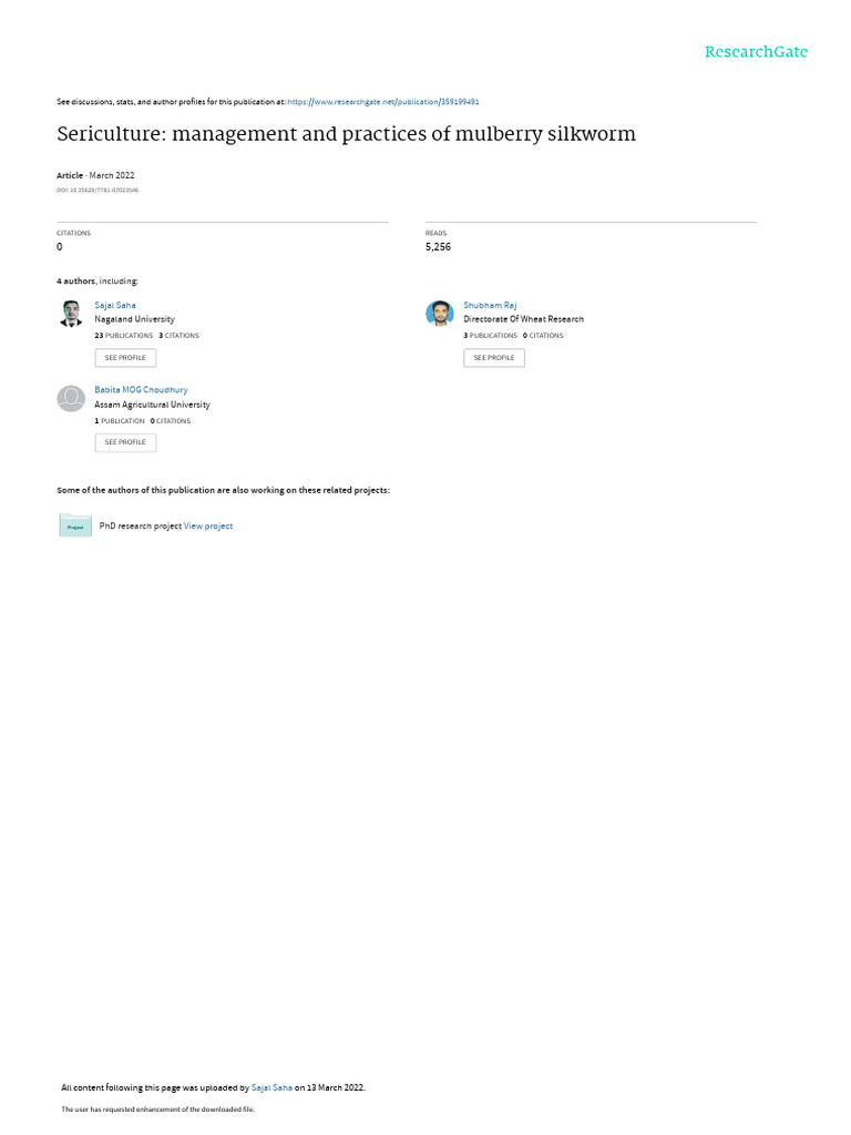 Sericulture: Management and Practices of Mulberry Silkworm: March 2022 | PDF | Silk | Soil