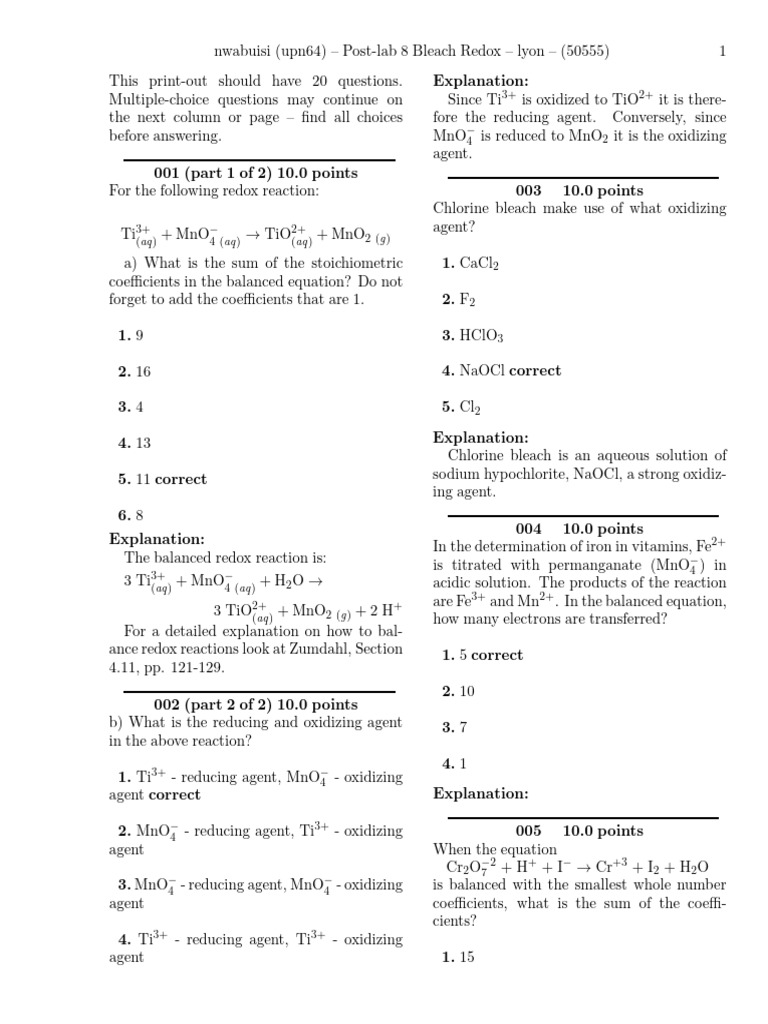 Redox Reactions and Bleach Chemistry | PDF | Redox | Chemical Reactions