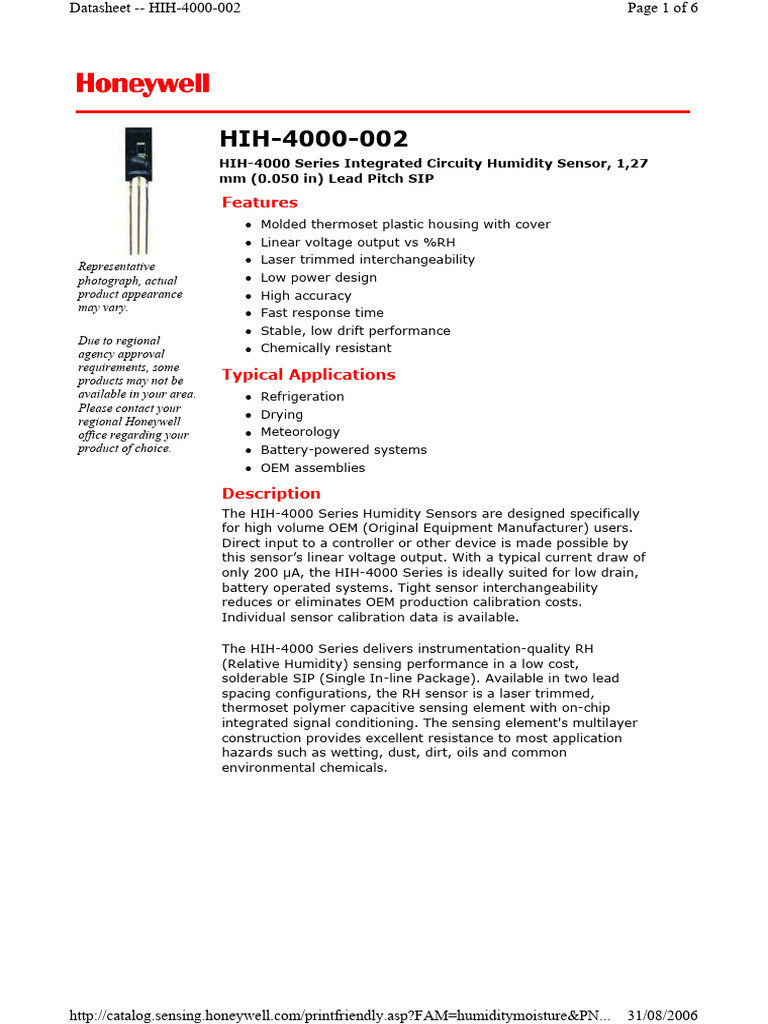 Honeywell HIH 4000 004 Datasheet | PDF | Sensor | Humidity Honeywell HIH 4000 004 Datasheet | PDF | Sensor | Humidity