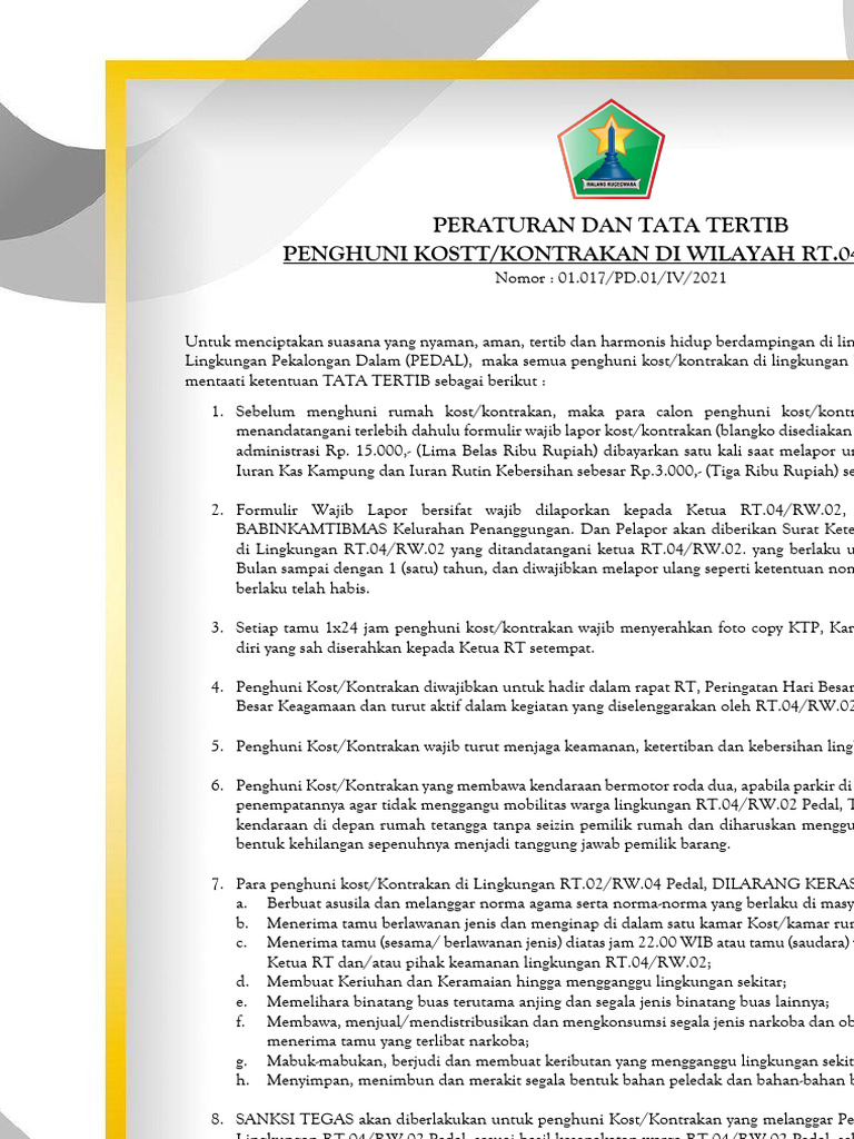 Tata Tertib Penghuni Kontrakan RT.04 | PDF | Hukum | Griya & Taman