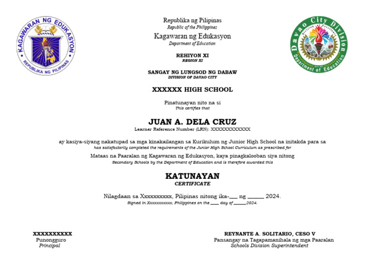 Junior High School Certificate 2024 1 | PDF