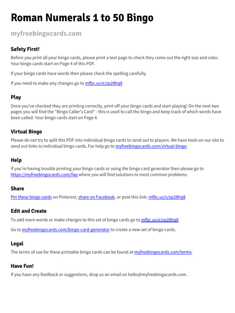 Roman Numerals 1 To 50 Bingo | PDF | National Football League Playoffs ...
