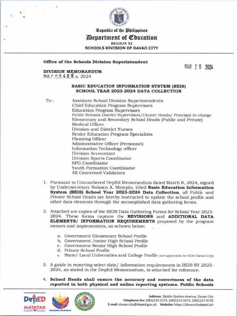 2024 Dm No. 488 Basic Education Information Beis School Year 2023 2024 Data Collection | PDF