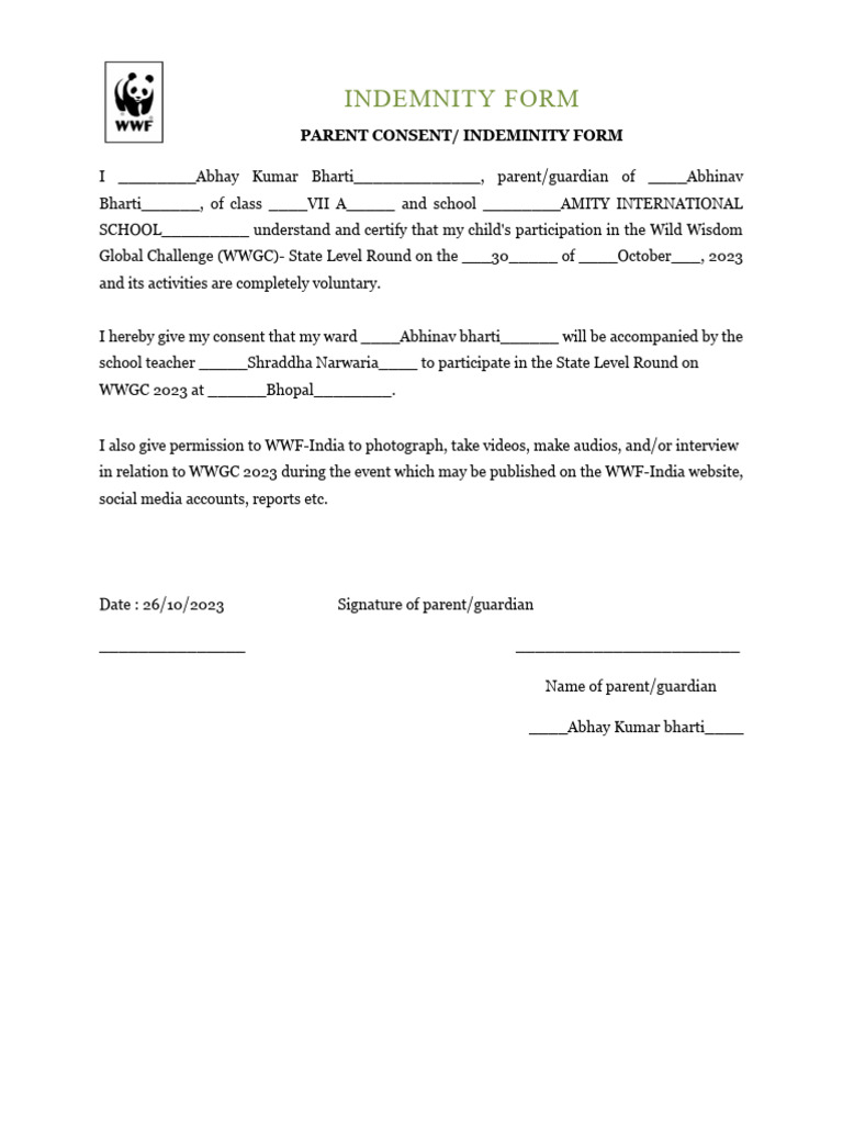 Indemnity Form (Students)_WWGC (1) | PDF