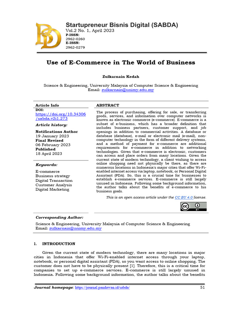 Use of E-Commerce in The World of Business: Startupreneur Bisnis Digital (SABDA) | Download Free ...
