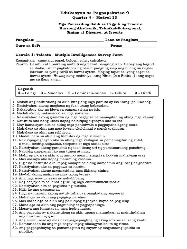 Activity Sheets in Modyul 13 Talento Hilig at Kasanayan | PDF