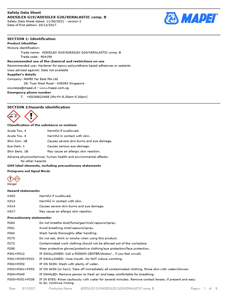 Safety Data Sheet for ADESILEX G19/G20 | PDF | Dangerous Goods | Toxicity