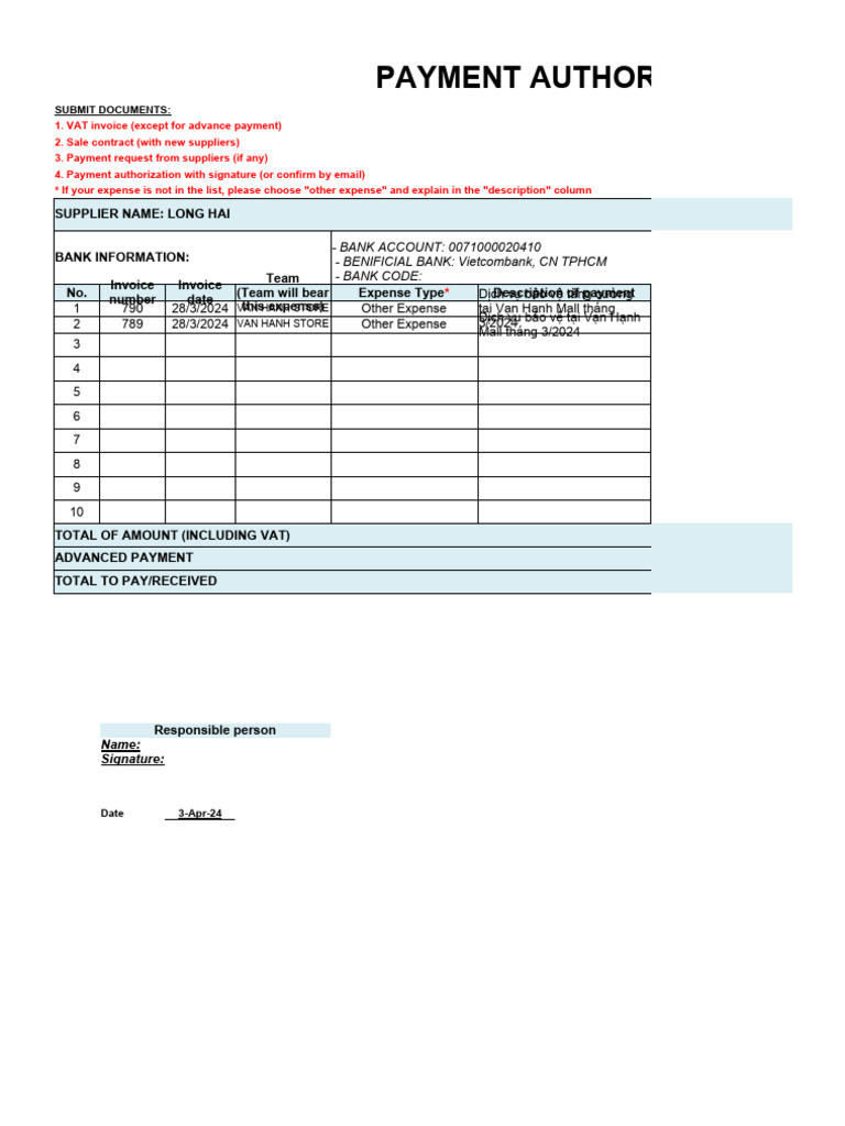 Payment Authorization Long Hai Mar.2024 | PDF | Invoice | Payments
