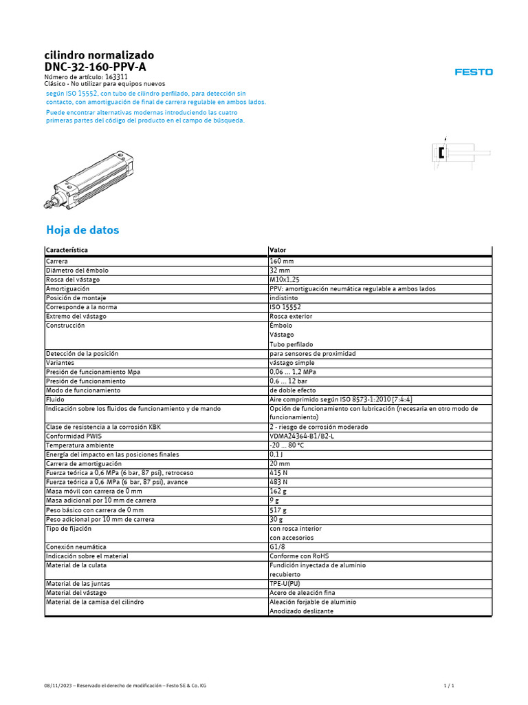 Cilindro Neumatico Movimiento Horizontal Festo DNC-32-160-PPV-A | PDF | Aluminio | Pistón