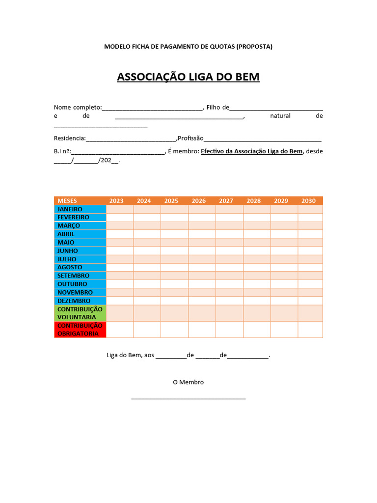 Modelo Ficha de Pagamento de Quotas Liga Do Bem | PDF