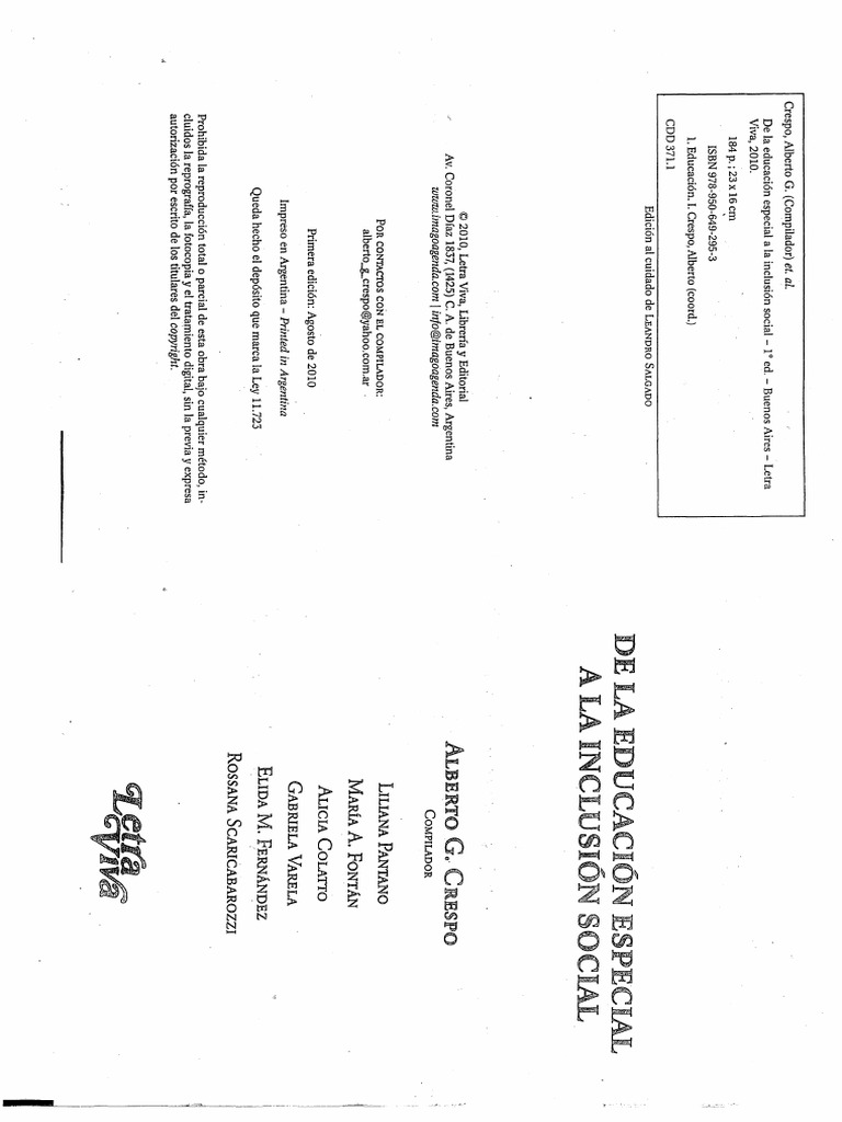 Liliana Pantano en de La Educacion Especial A La Inclusion Crespo A. Compilador Pag, 61 A 123. | PDF