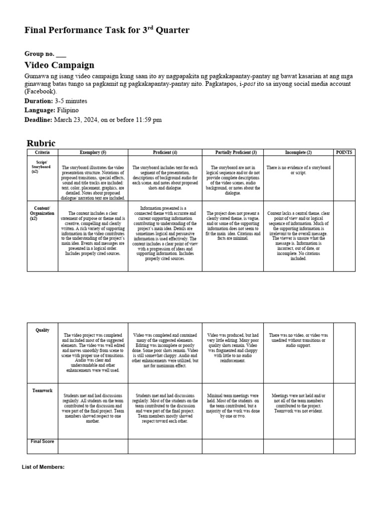 Final PT Instructions and Rubrics | PDF | Human Communication