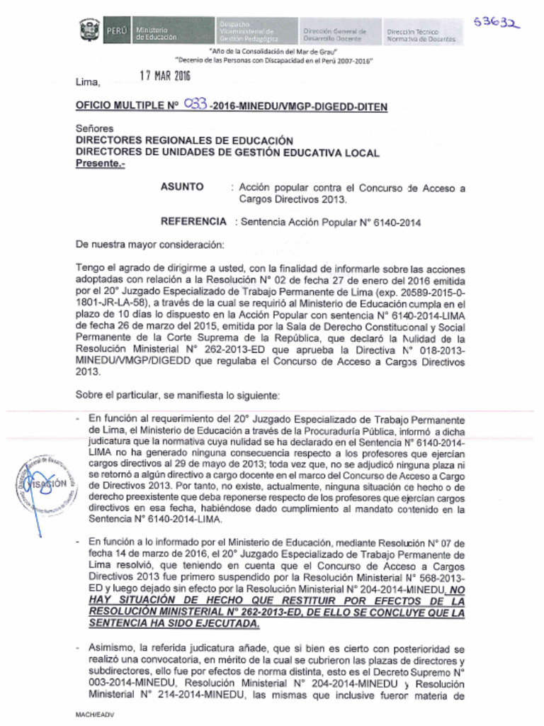 Oficio Múltiple 033-2016_accion popular de concurso de acceso directivo 2013 | PDF