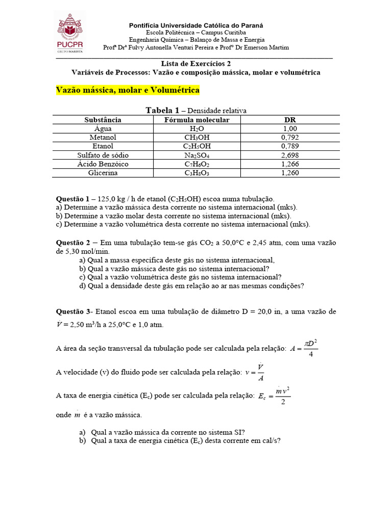 Cálculos de Vazão Mássica e Volumétrica | PDF | Descarga (hidrologia ...