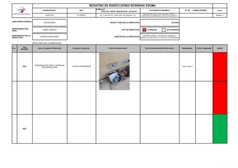 Registro de Inspecciones Internas Ssoma - Oficina Edpa 21.05.2023 | PDF