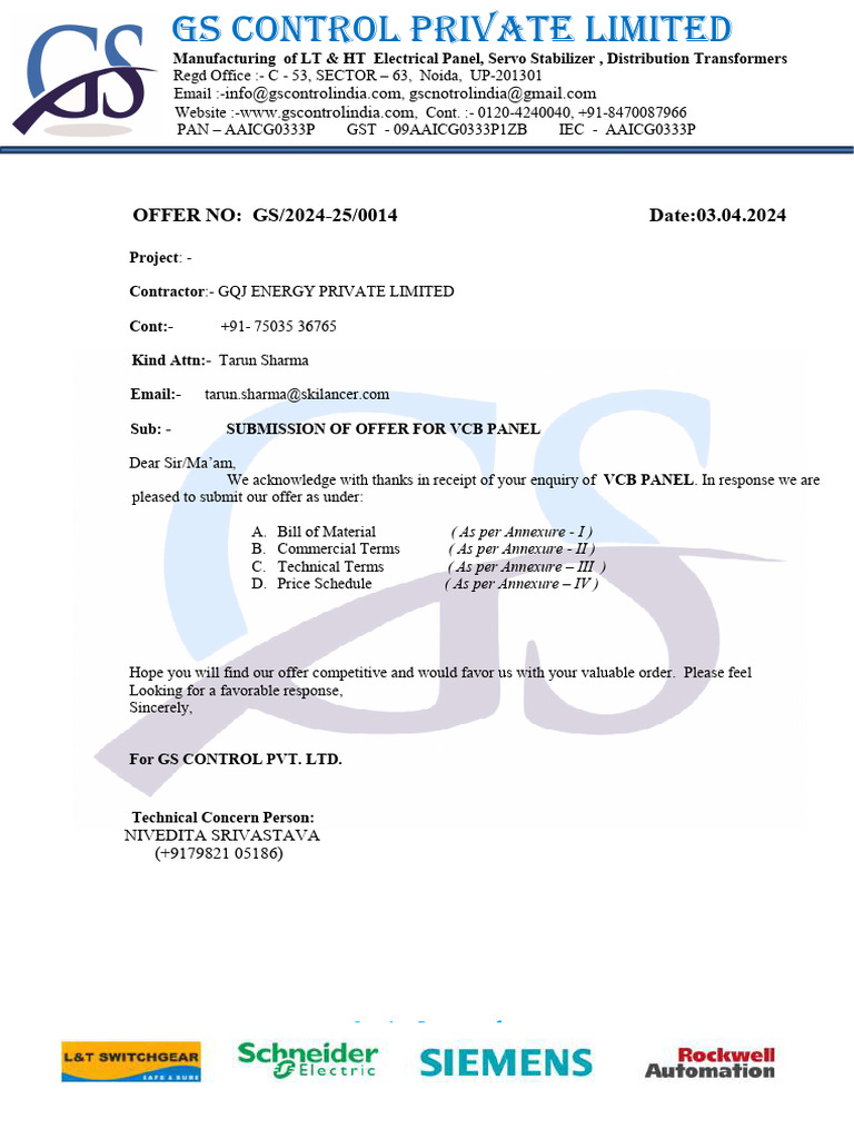 VCB Panel Offer Submission by GS Control | PDF | Relay | Voltage