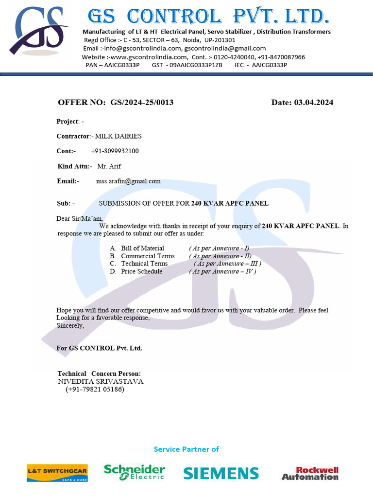 GS - 2024 - 25 - 0013 GS Control Offer of Apfc Panel | PDF | Electrical ...