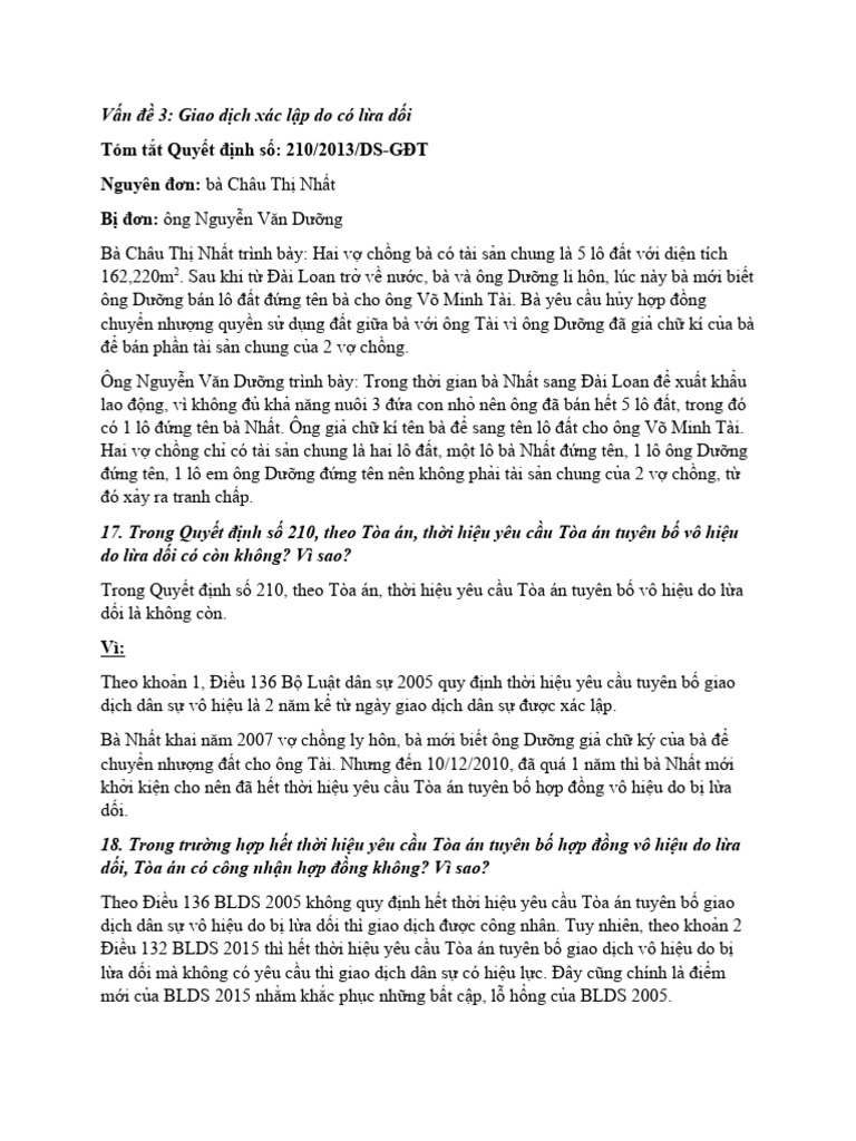Tóm tắt Quyết định số: 210/2013/DS-GĐT Nguyên đơn: bà Châu Thị Nhất Bị đơn: ông Nguyễn Văn Dưỡng ...