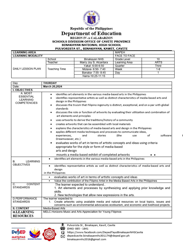 DLP Grade 10 Arts Thursday | PDF | Learning | Teachers