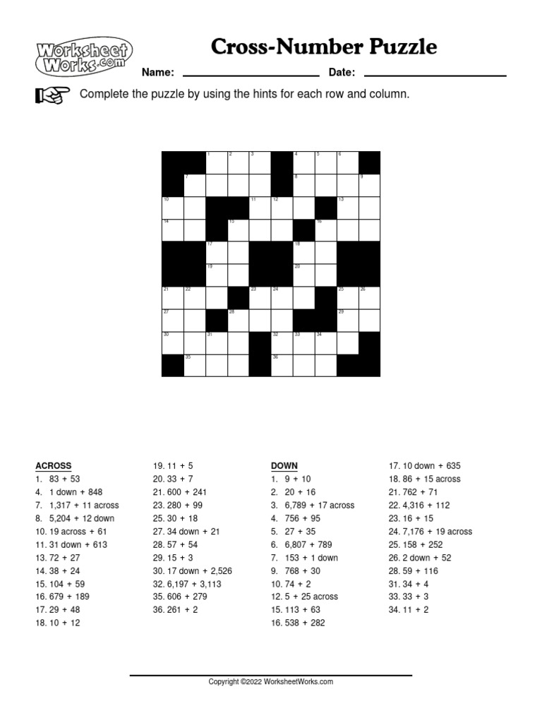 WorksheetWorks CrossNumber Puzzle 1 | Download Free PDF | Puzzles