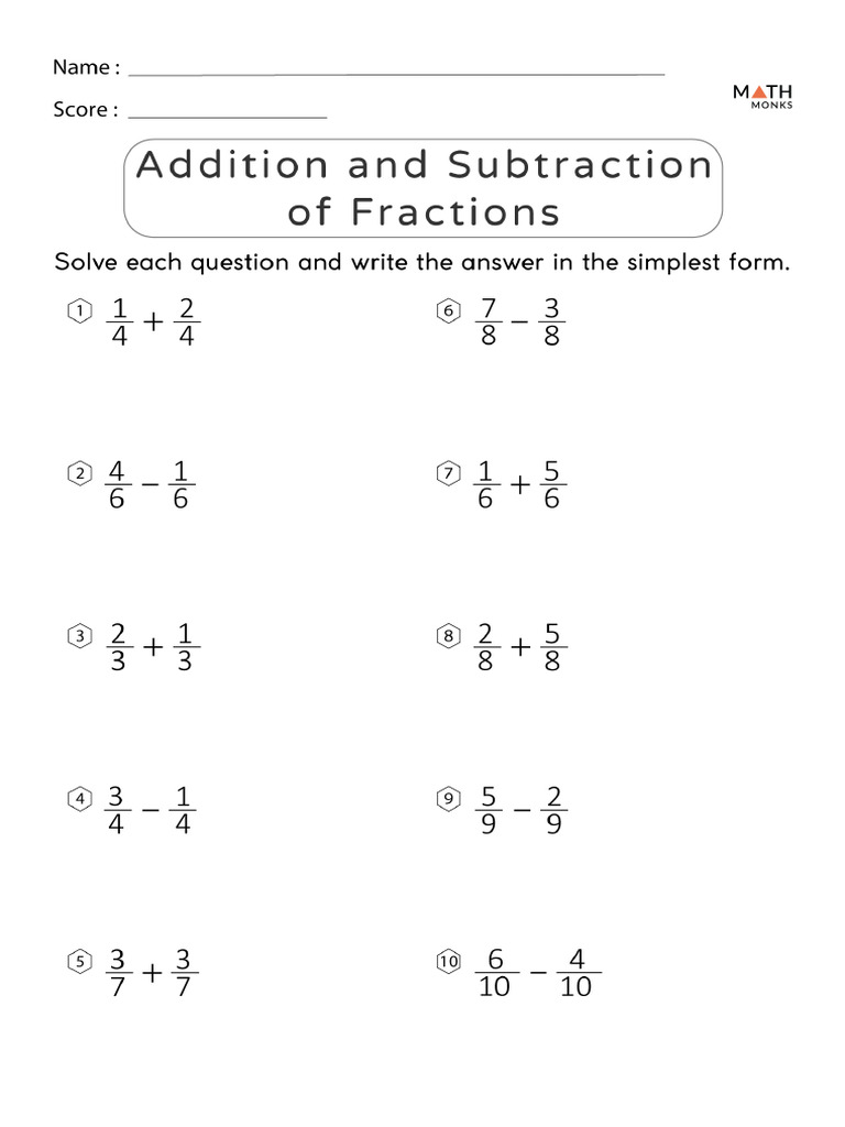 Addition and Subtraction of Fractions Worksheets Grade 4 | PDF