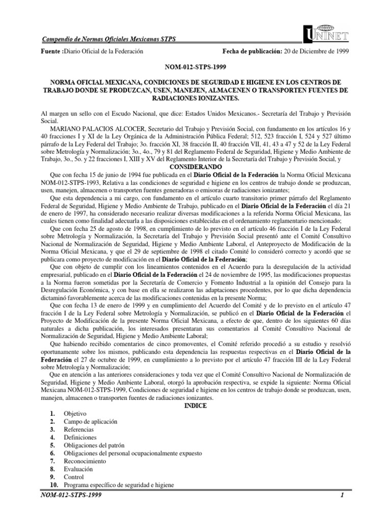 Nom 012 STPS 1999 | PDF | Protección de radiación | Radiación ionizante