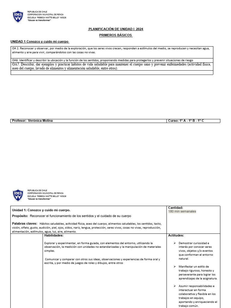 Planificación Unidad 1 Ciencias | PDF | Sentidos | Evaluación