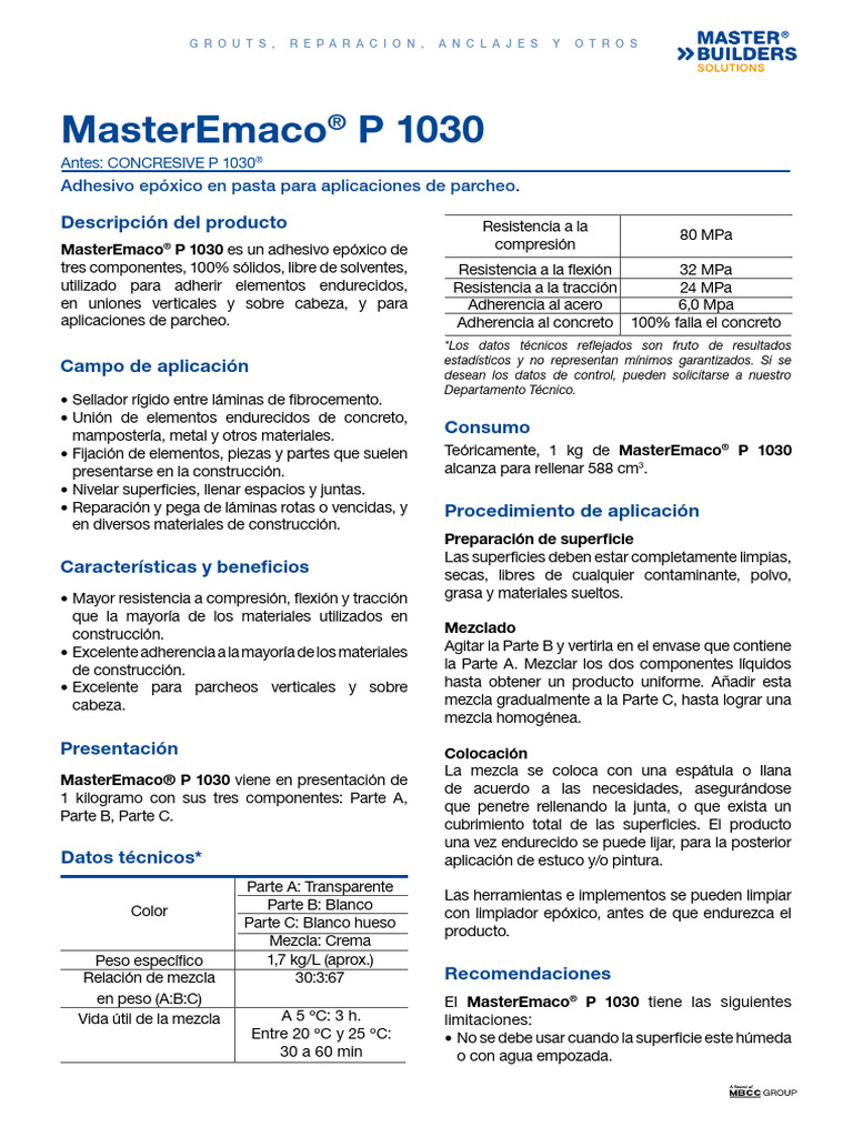 Masteremaco P 1030 Ficha Técnica | PDF | Hormigón | Materiales