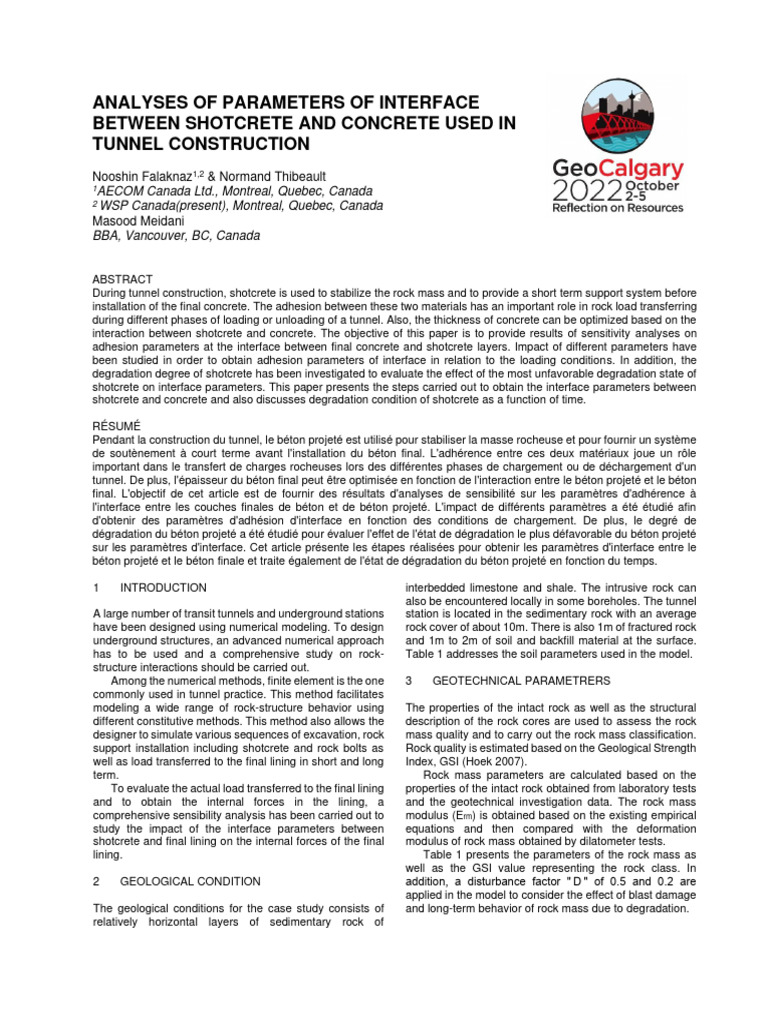 ANALYSES OF PARAMETERS OF INTERFACE BETWEEN SHOTCRETE AND CONCRETE USED ...