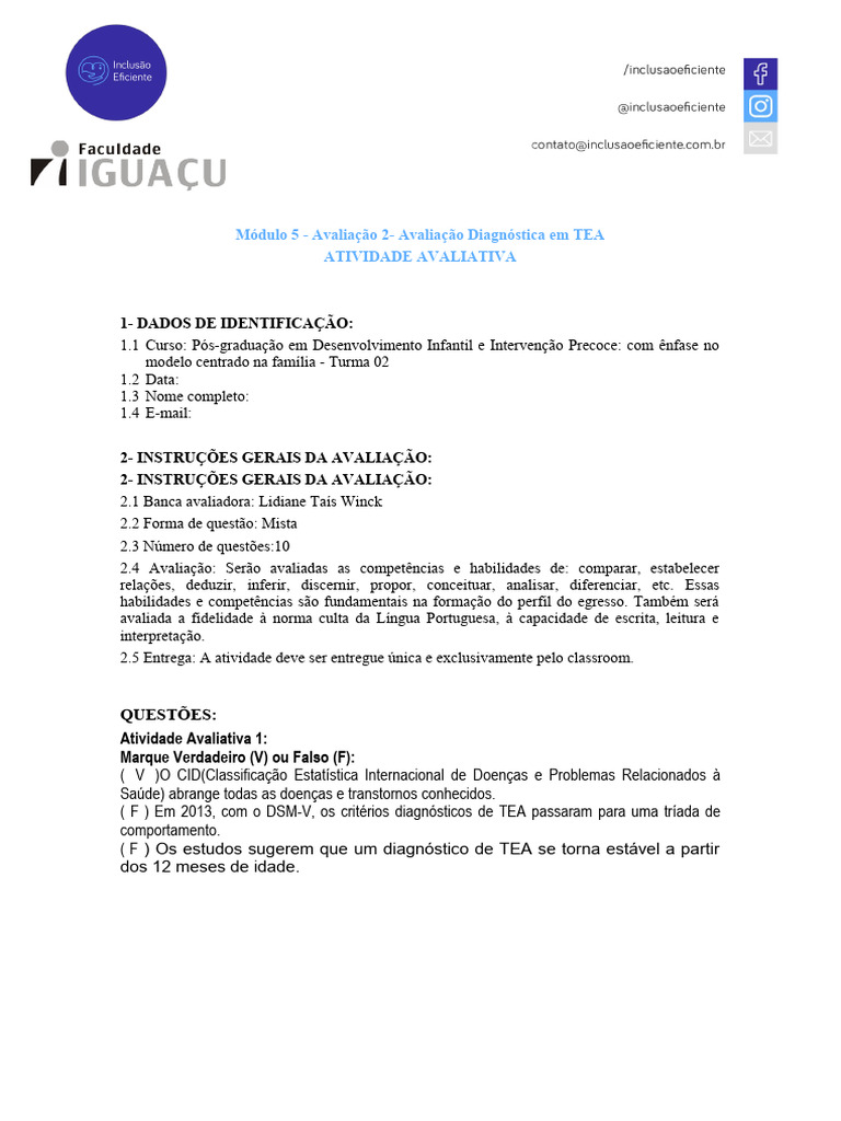 Avaliação Diagnóstica em TEA | PDF | Espectro do autismo | Doenças e ...