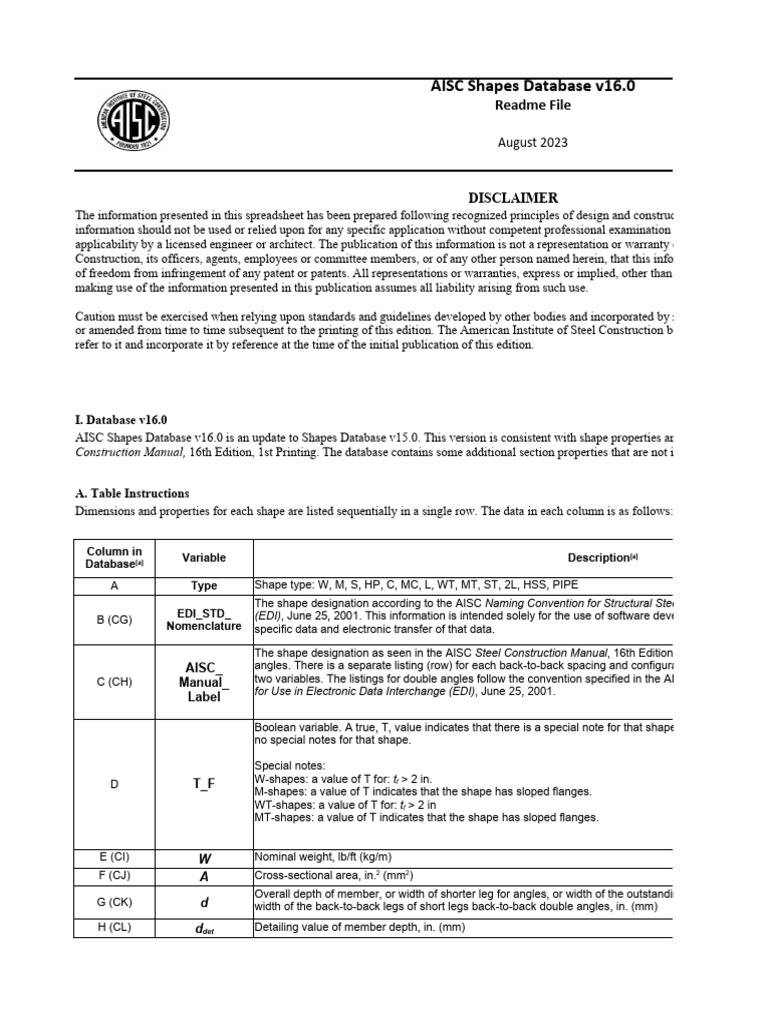 AISC Shapes Database v16.0 Overview | PDF | Databases