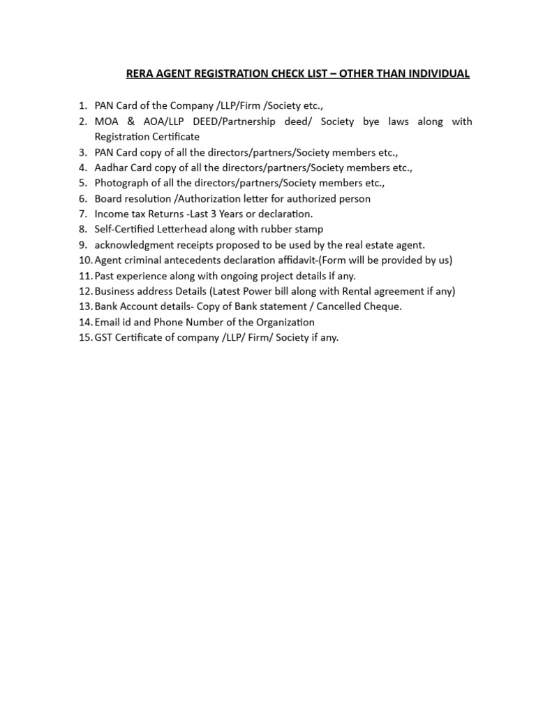 RERA Agents individual Check list | PDF