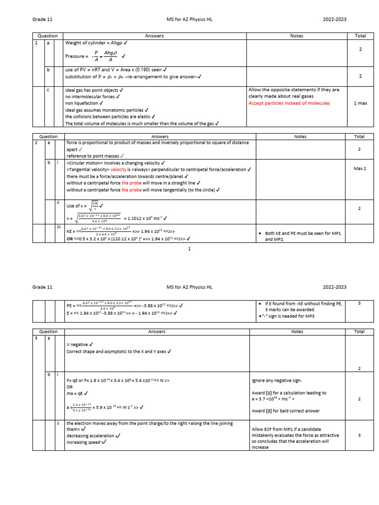 Grade 11 MS For Assessment 2 HL 2022-2023 | PDF | Gases | Phases Of Matter