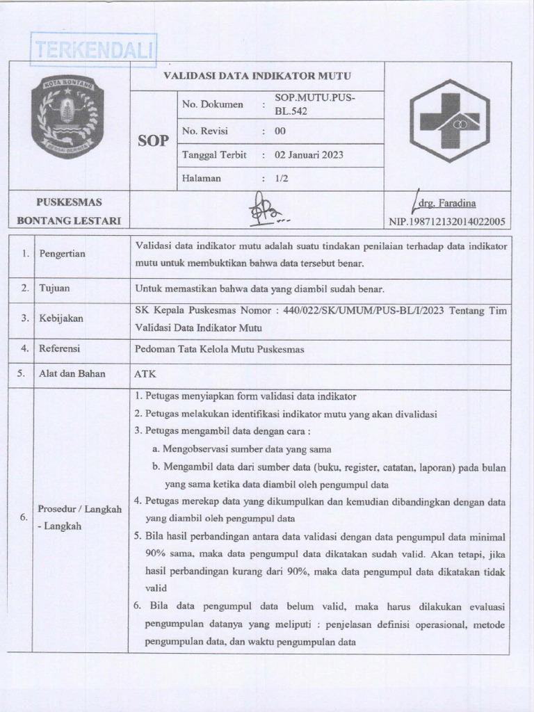SOP Validasi Data Indikator Mutu | PDF